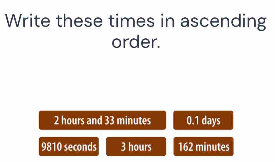 Write these times in ascending order. 2 hours and 33 minutes 0.1 days ...