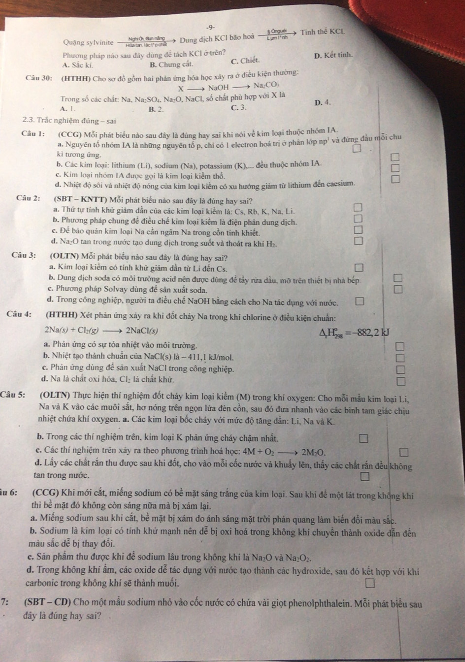 Giải quyết:9- Quặng sylvinite Nghớ tun năng + Dung dịch KCI bão hoà f ...