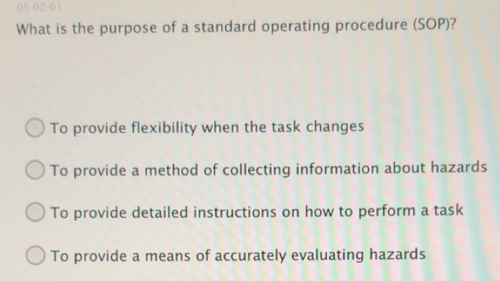 Gelöst:05-02-01 What is the purpose of a standard operating procedure ...