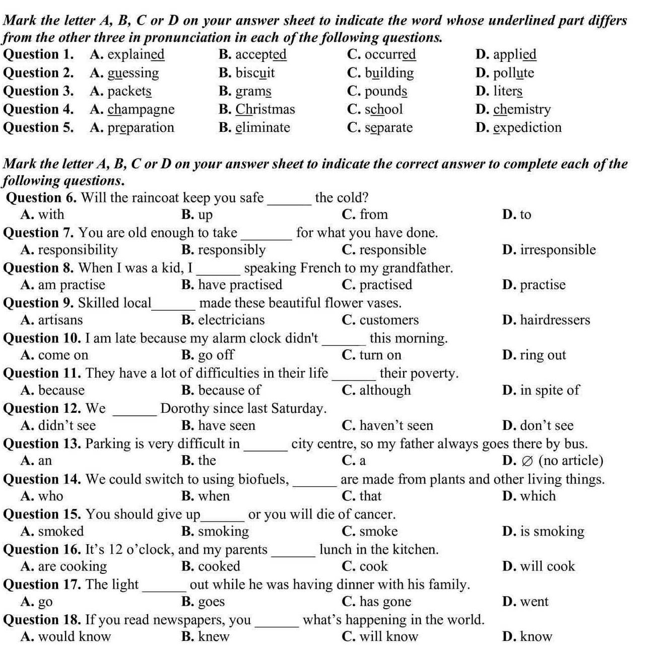Giải quyết:Mark the letter A, B, C or D on your answer sheet to ...