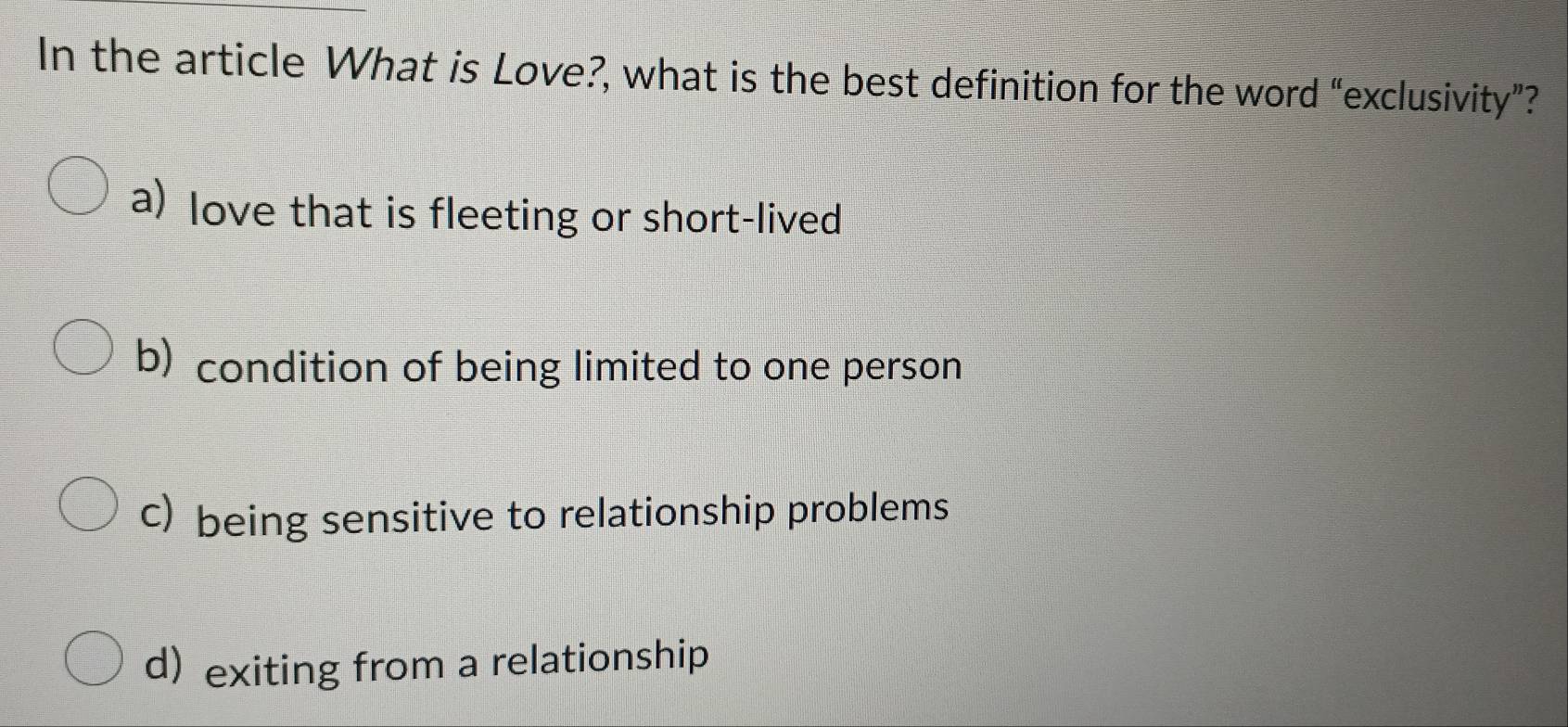Solved: In the article What is Love?, what is the best definition for ...