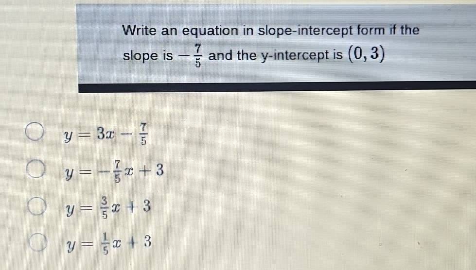 Solved: Write an equation in slope-intercept form if the slope is - 7/5 ...