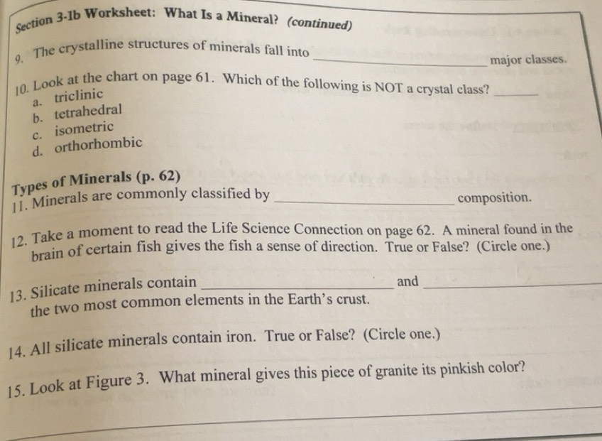 Solved: Section 3-1b Worksheet: What Is a Mineral? (continued) 9、 The ...