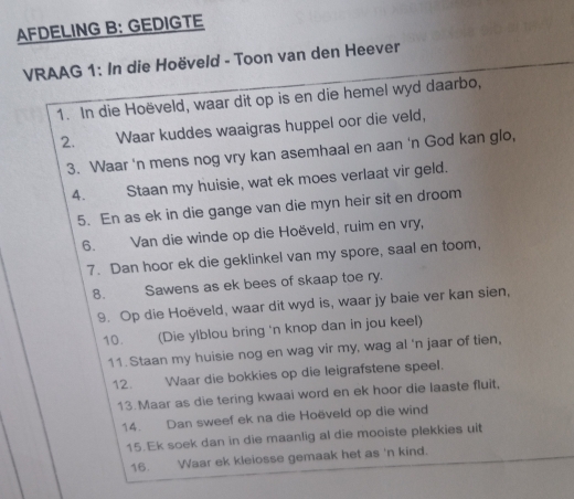 Solved: AFDELING B: GEDIGTE VRAAG 1: In die Hoëveld - Toon van den ...