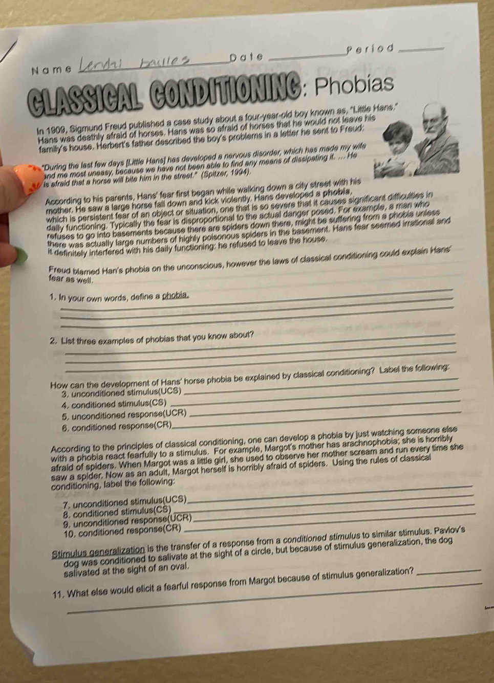 Solved: a 6 _Period_ N ame _ CLASSICAL CONDITIONING: Phobias In 1909 ...