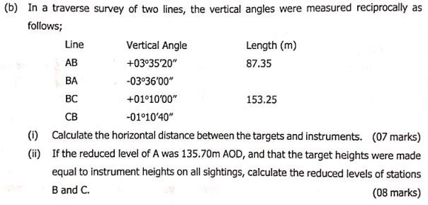 Gelöst:In a traverse survey of two lines, the vertical angles were ...