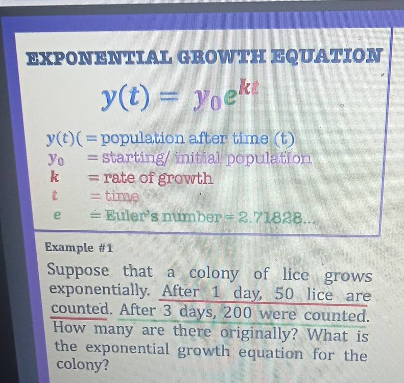 Solved: EXPONENTIAL GROWTH EQUATION y(t)=y_0e^(kt) y(t) ( = population ...