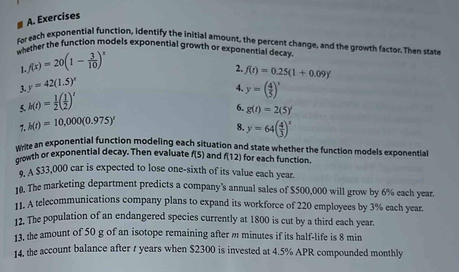 Solved: Exercises For each exponential function, identify the initial ...