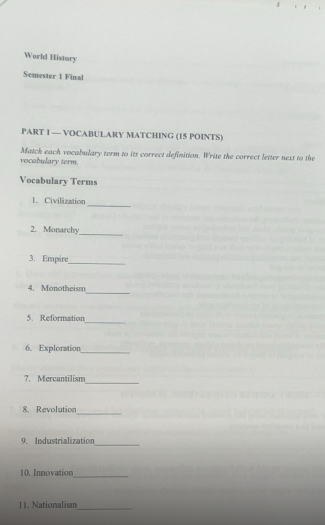 Solved: World History Semester 1 Final PART I — VOCABULARY MATCHING (15 ...