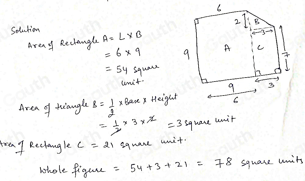 Solved: The following figure is made of 1 triangle and 2 rectangles. Find the area of each part ...