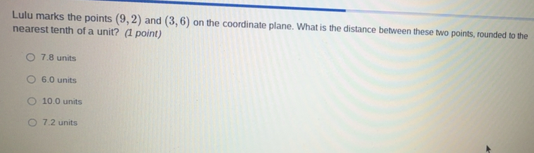 Solved: Lulu marks the points (9,2) and (3,6) nearest tenth of a unit ...