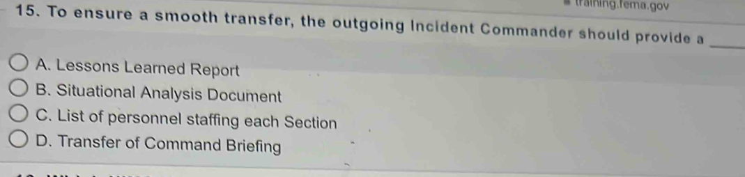 Solved: training.fema.gov 15. To ensure a smooth transfer, the outgoing ...
