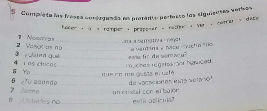 Risolto:§ Completa las frases conjugando en pretérito perfecto los ...
