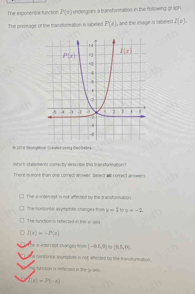 Solved: The exponential function P(x) undergoes a transformation in the following graph. The ...