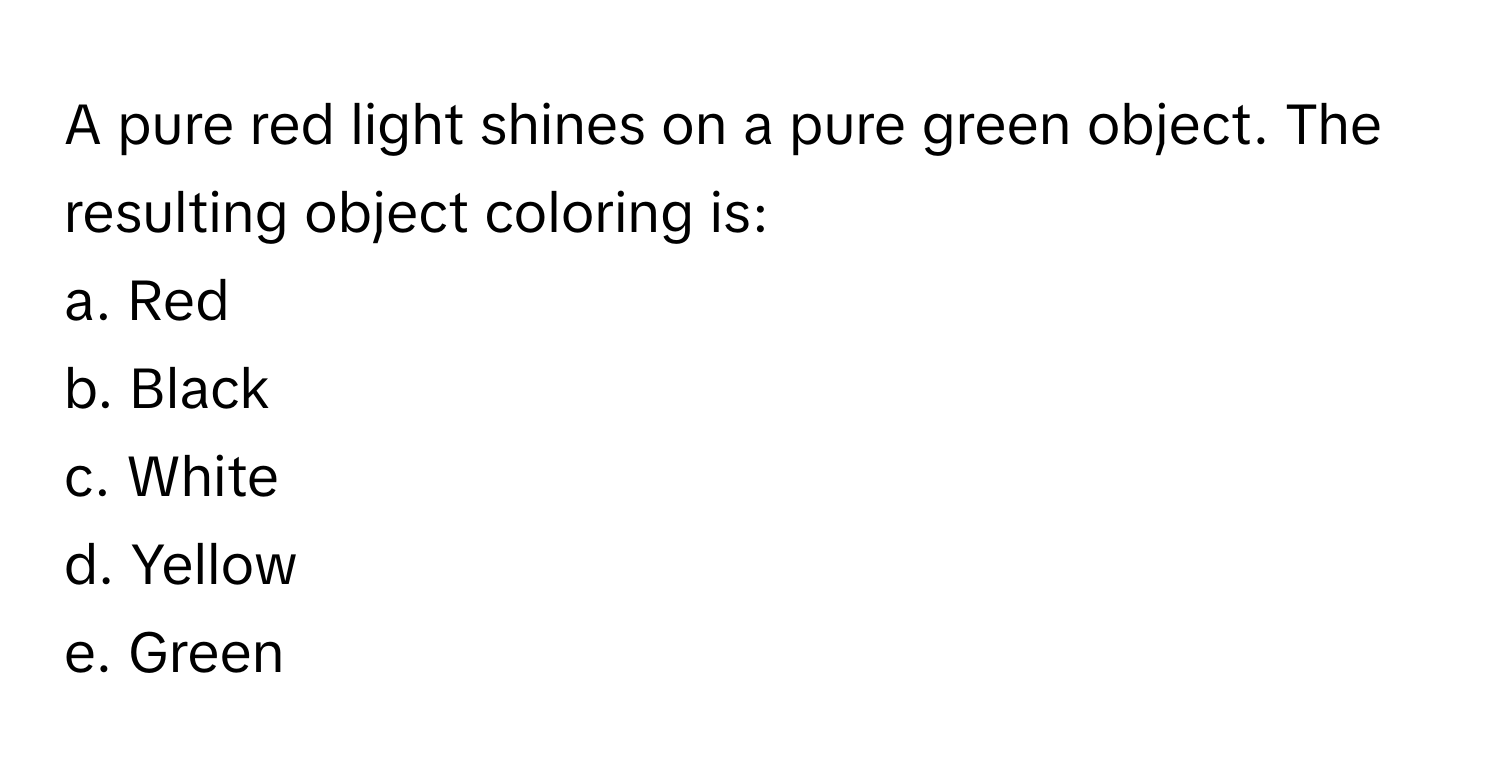 Solved: A pure red light shines on a pure green object. The resulting ...