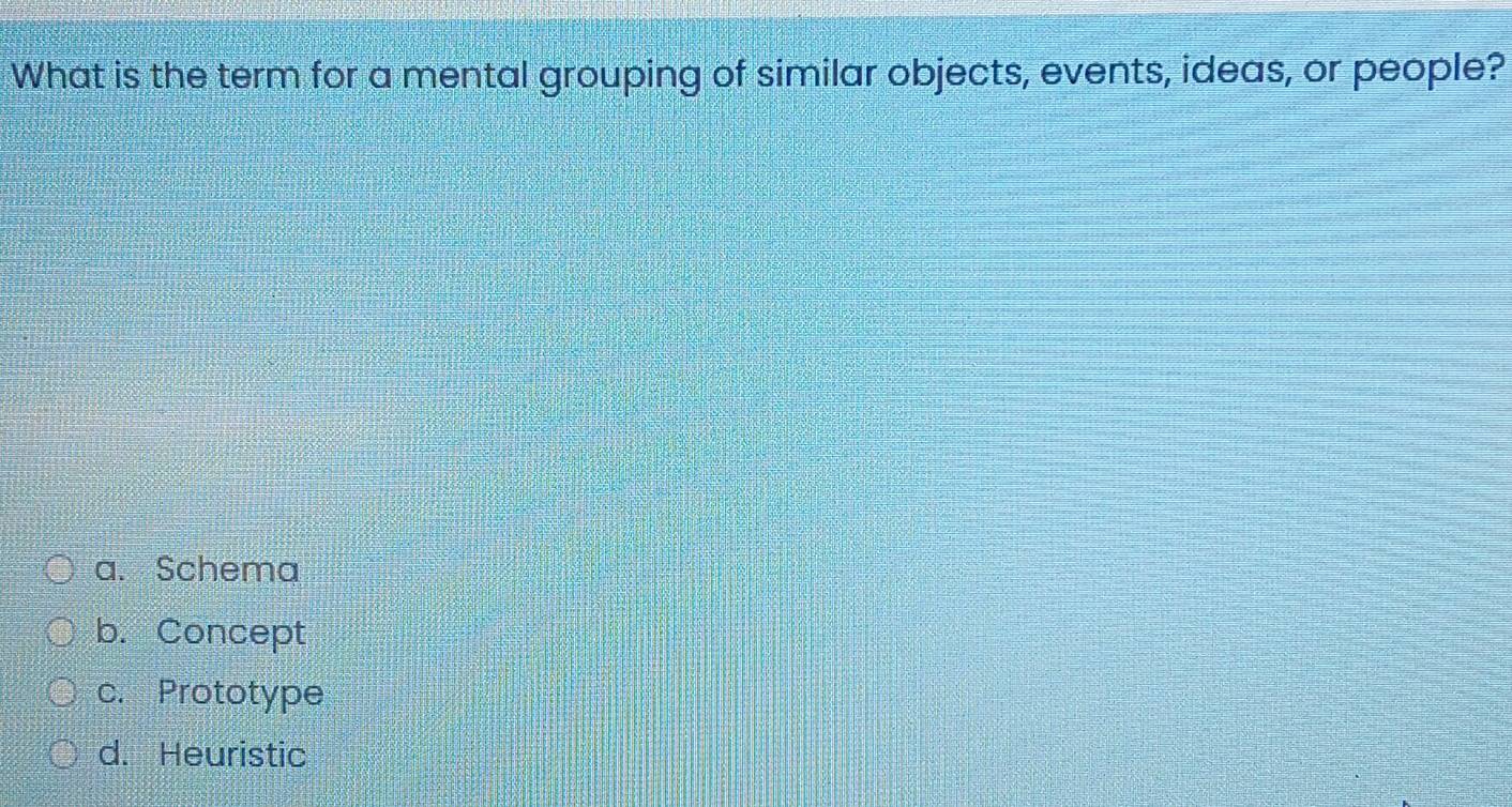 Solved: What is the term for a mental grouping of similar objects ...