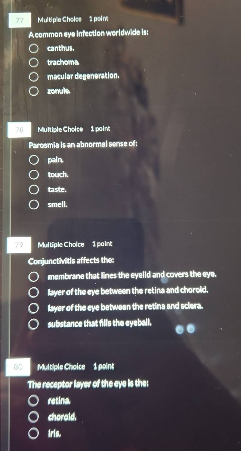Solved: A common eye infection worldwide is: canthus. trachoma. macular ...