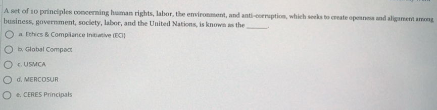 Solved: A set of 10 principles concerning human rights, labor, the ...