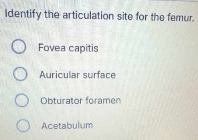 Solved: Identify the articulation site for the femur. Fovea capitis Auricular surface Obturator ...