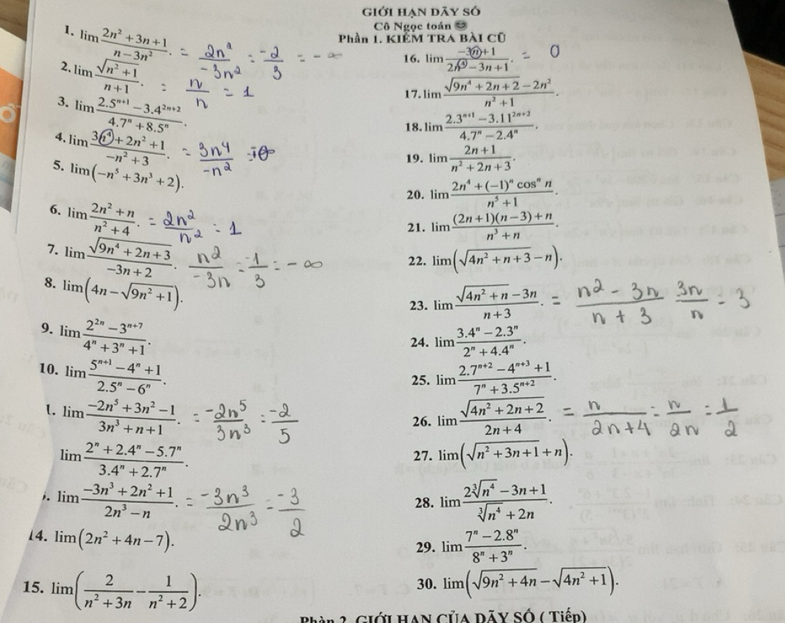 Giải quyết:giới hạn dãy số 1. li m (2n^2+3n+1)/n-3n^2 Cô Ngọc toán ...