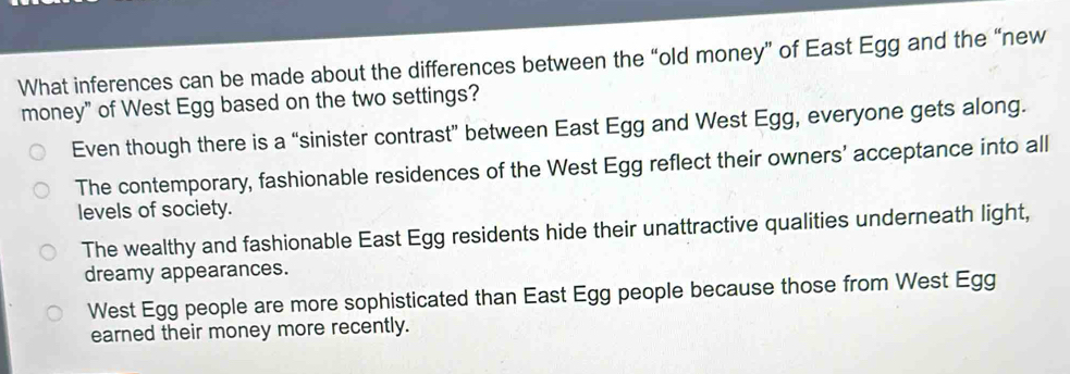 Solved: What inferences can be made about the differences between the “old money” of East Egg ...