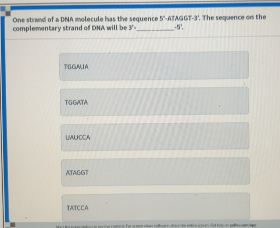 Solved: One strand of a DNA molecule has the sequence 5' AT AGGT-3'. The sequence on the ...