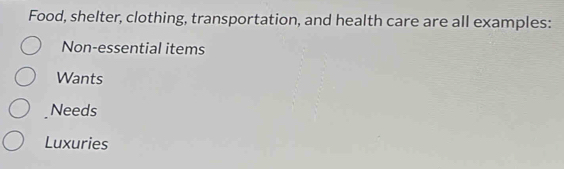 Solved: Food, shelter, clothing, transportation, and health care are ...