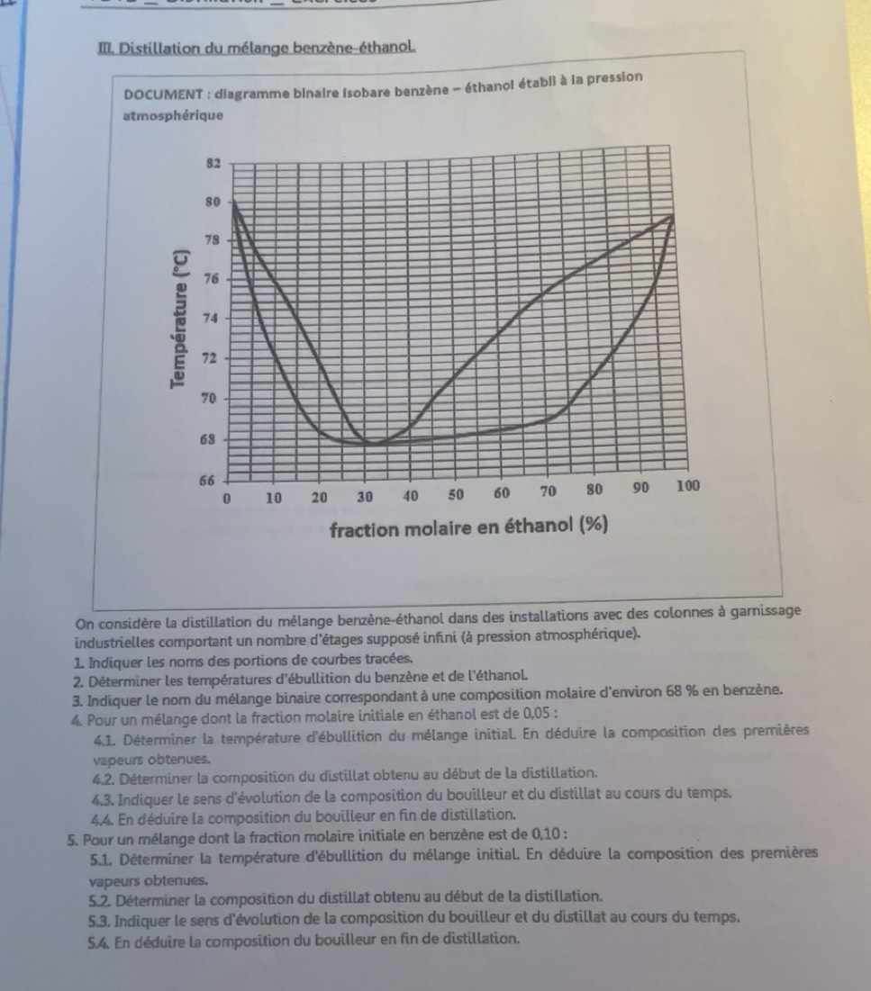 Résolu :Distillation du mélange benzène-éthanol. DOCUMENT : diagramme ...