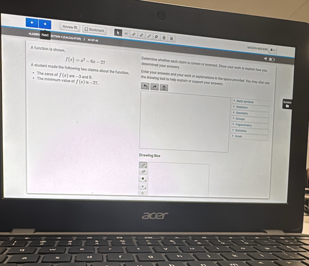 Solved: → Review Bookmark × ALGEBRA Next . ECTION 4 (CALCULATOR) / 44 ...