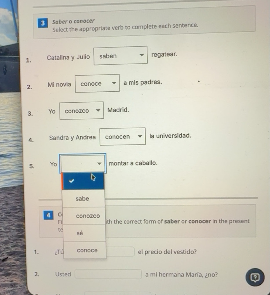 Solved: Saber o conocer Select the appropriate verb to complete each ...