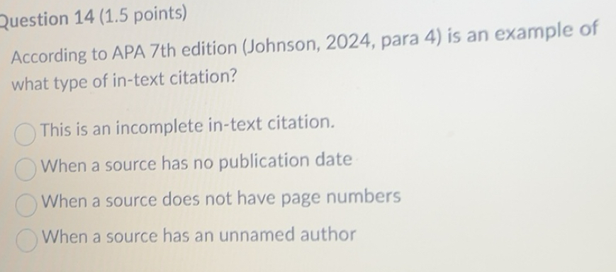 Solved: According to APA 7th edition (Johnson, 2024, para 4) is an ...