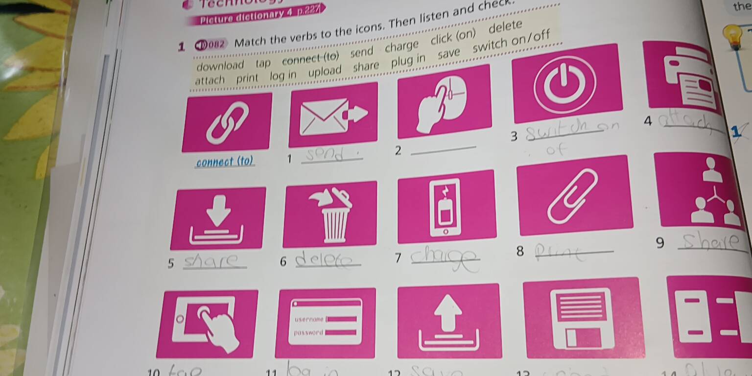 Risolto:Picture dictionary 4 p.227 1 082 Match the verbs to the icons ...