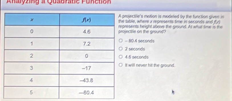 Solved: Analyzing a Quadratic Function f(x) A projectile's motion is ...