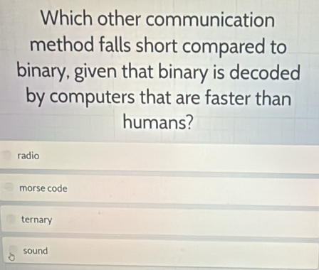 Solved: Which other communication method falls short compared to binary ...