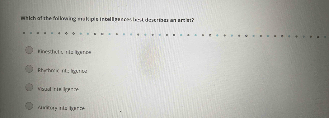 Solved: Which of the following multiple intelligences best describes an artist? Kinesthetic ...