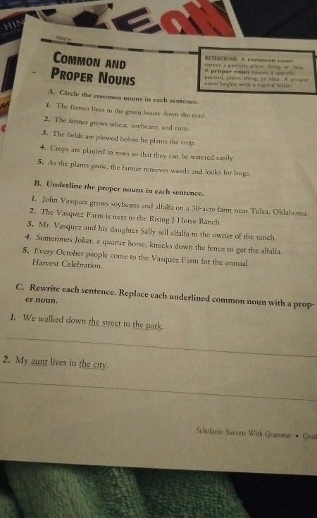 Solved: HIN N a m Common and eTERCHING: A common noun names a person ...