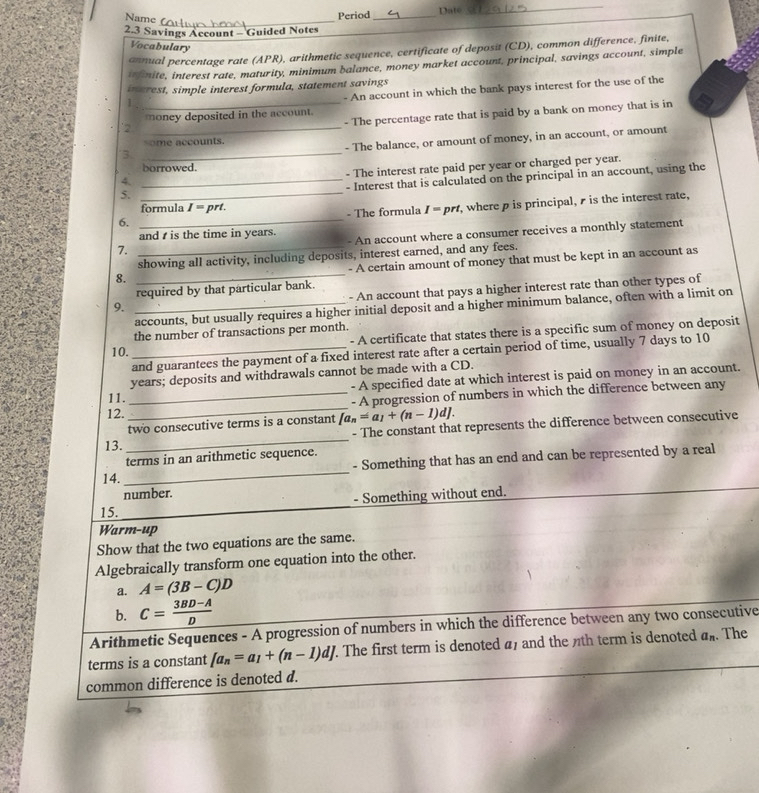Solved: Name 2.3 Savings Account - Guided Notes Period _Date ...