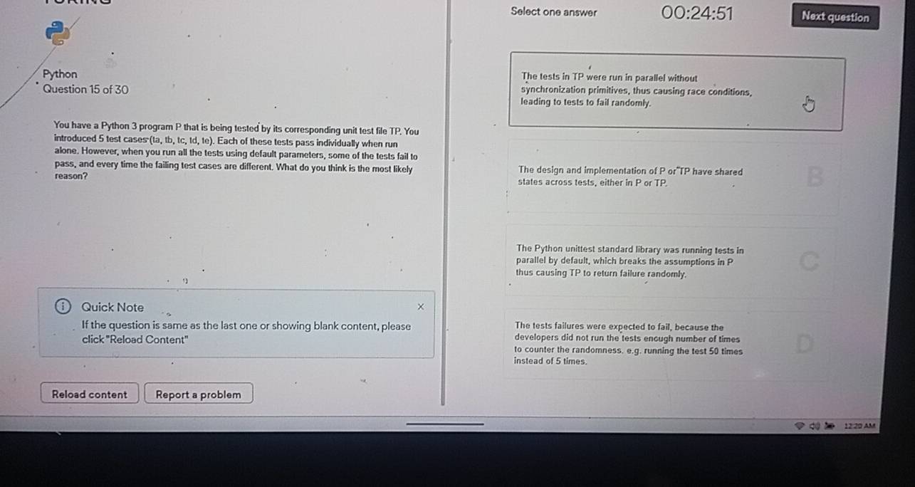 Solved: Select one answer 00:24:51 Next question Python The tests in TP ...