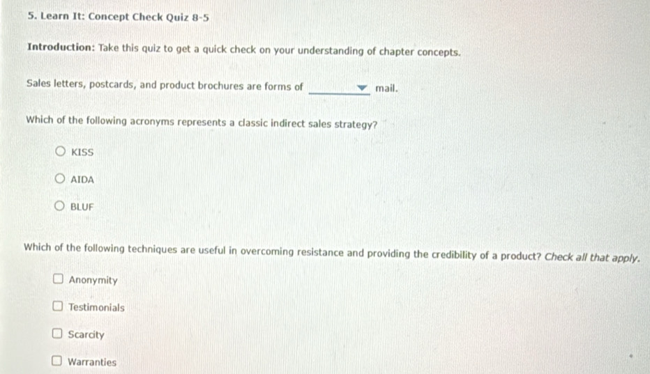 Solved: Learn It: Concept Check Quiz 8-5 Introduction: Take this quiz ...