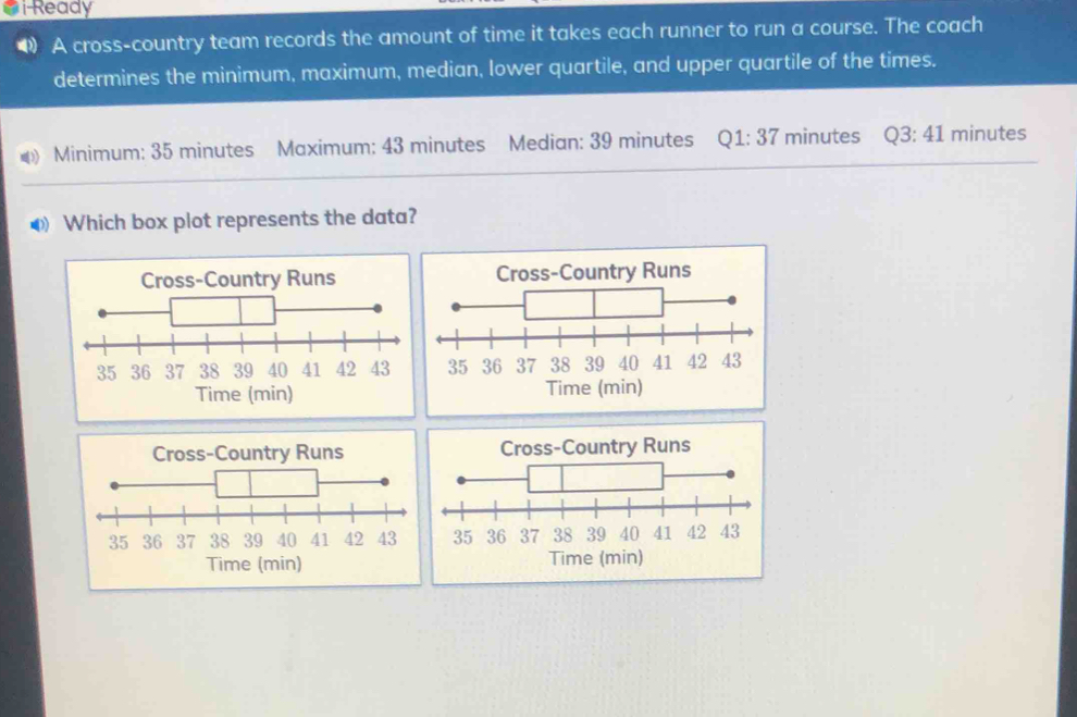 Solved: Ready • A cross-country team records the amount of time it takes each runner to run a ...