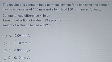 Solved: The results of a constant head permeability test for a fine ...
