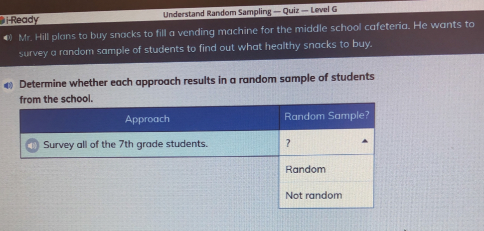 Solved: i-Ready Understand Random Sampling — Quiz — Level G • Mr. Hill plans to buy snacks to ...
