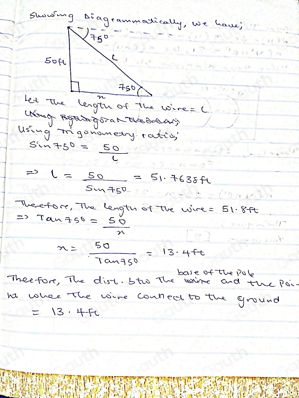 Solved: A 50 ft pole has a support wire that runs from its top to the ...