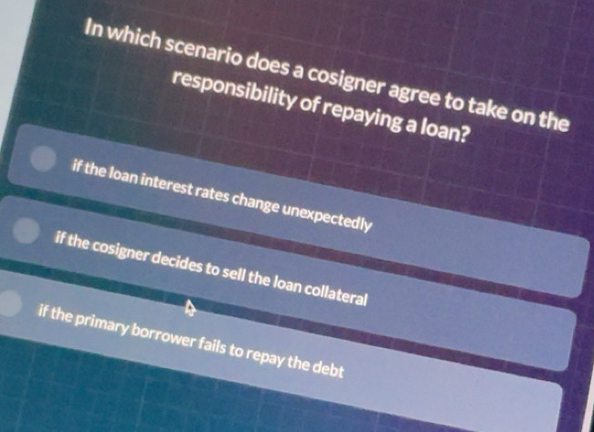 Gelöst:In which scenario does a cosigner agree to take on the ...