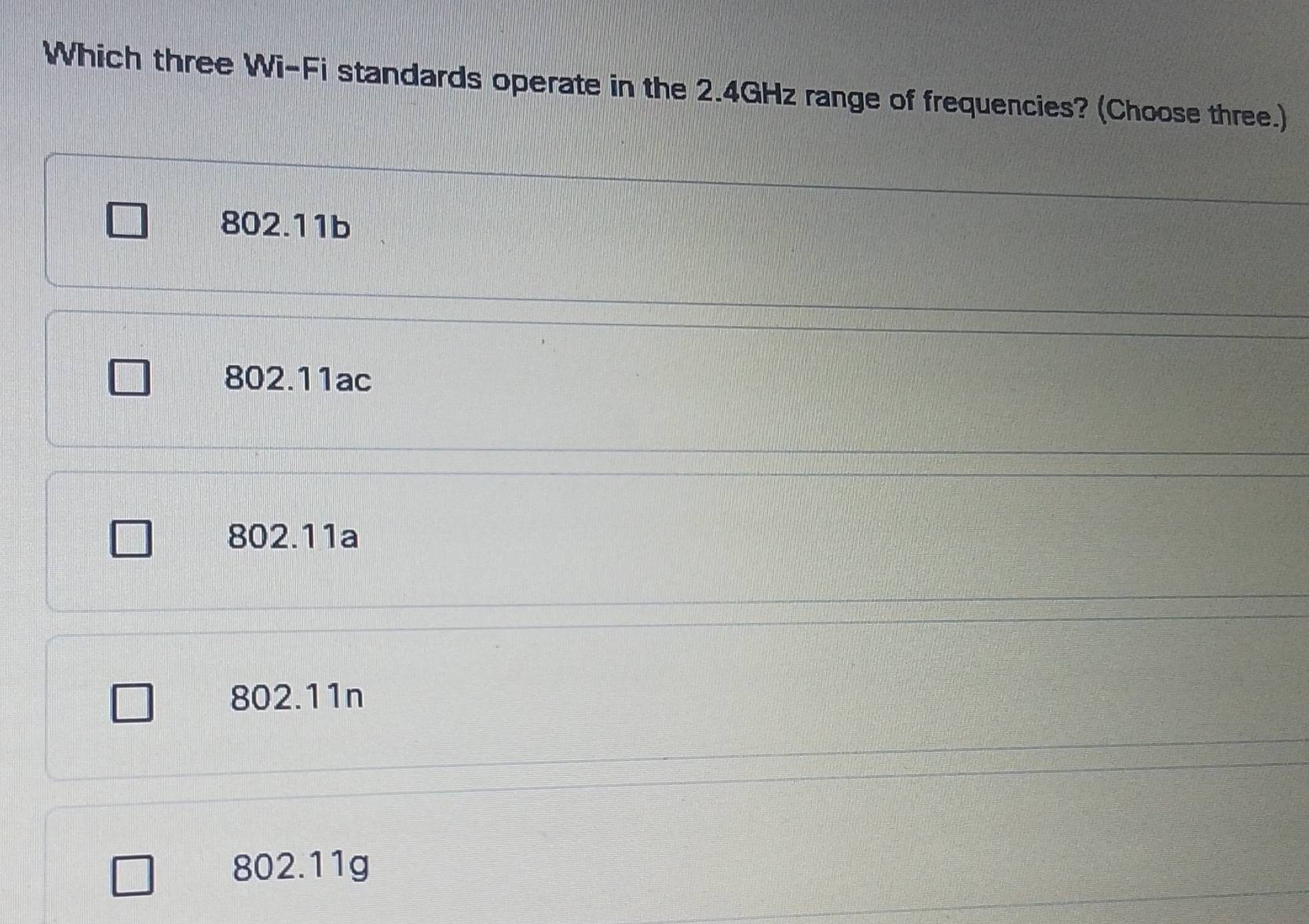 Resuelto:Which three Wi-Fi standards operate in the 2.4GHz range of ...