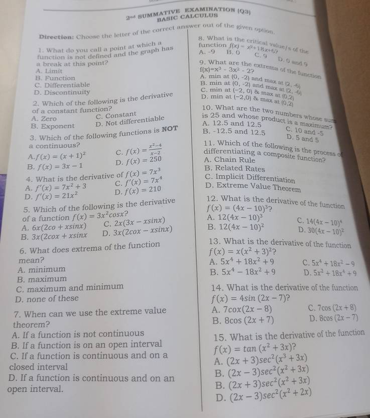 Solved: 2^(nd) SUMMATIVE EXAMINATION (Q3) BASIC CALCULUS Direction ...