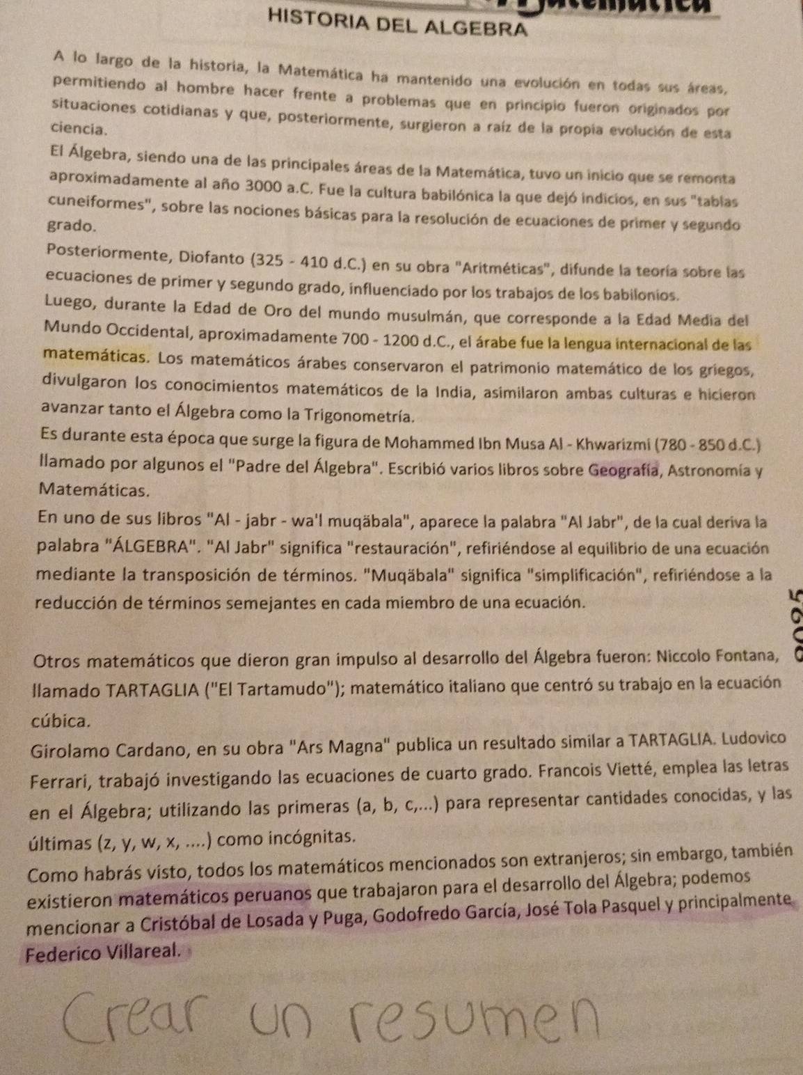 Resuelto:HISTORIA DEL ALGEBRA A lo largo de la historia, la Matemática ...