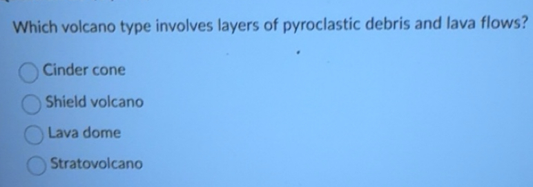Solved: Which volcano type involves layers of pyroclastic debris and ...