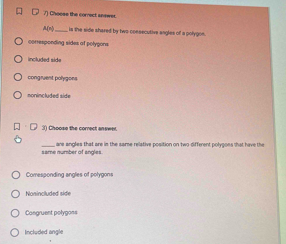 Solved: Choose the correct answer. A(n) _ is the side shared by two ...