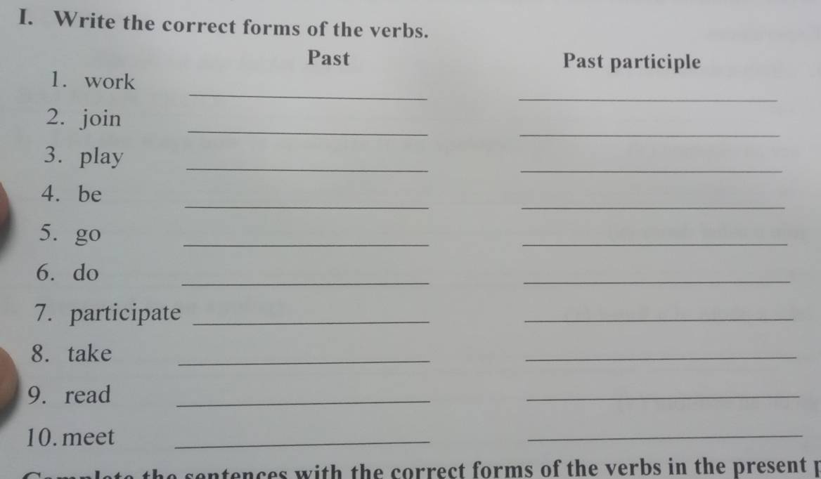 Giải quyết:Write the correct forms of the verbs. Past Past participle ...